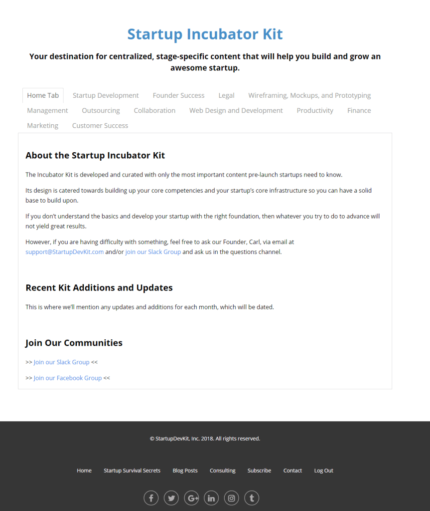 Startup Incubator Kit Dashboard V3 - Home Tab - StartupDevKit