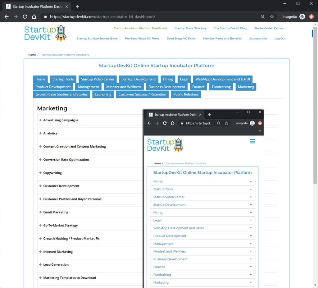 Startup Incubator Platform Dashboard - Window - Marketing desktop and and mobile menu ...